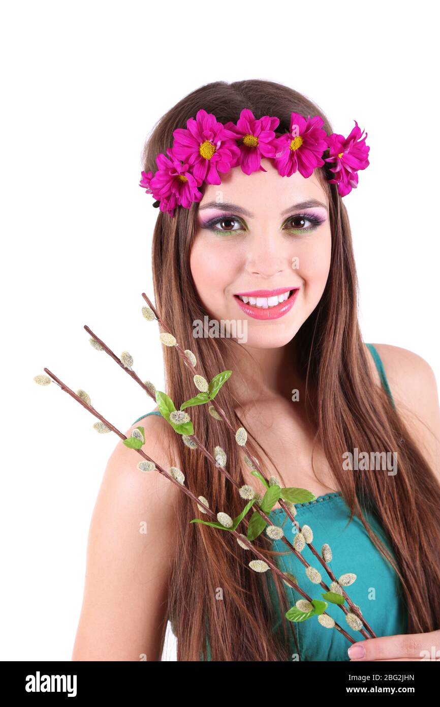 Beautiful girl with pussy-willow buds, isolated on white Stock Photo ...