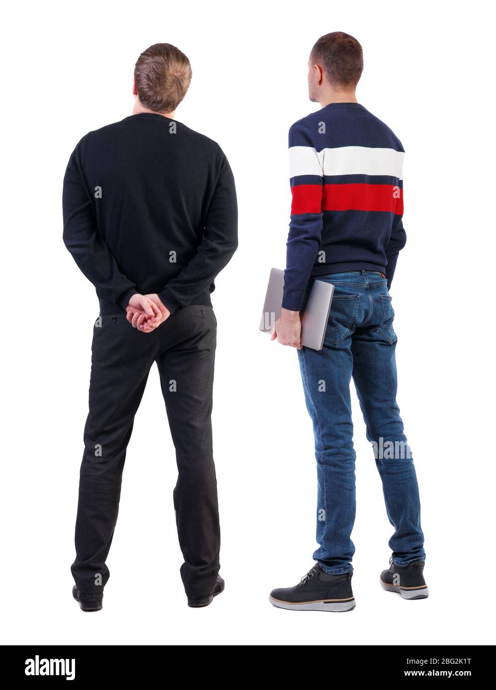 Back view two man in sweater with laptop. Rear view people collection ...