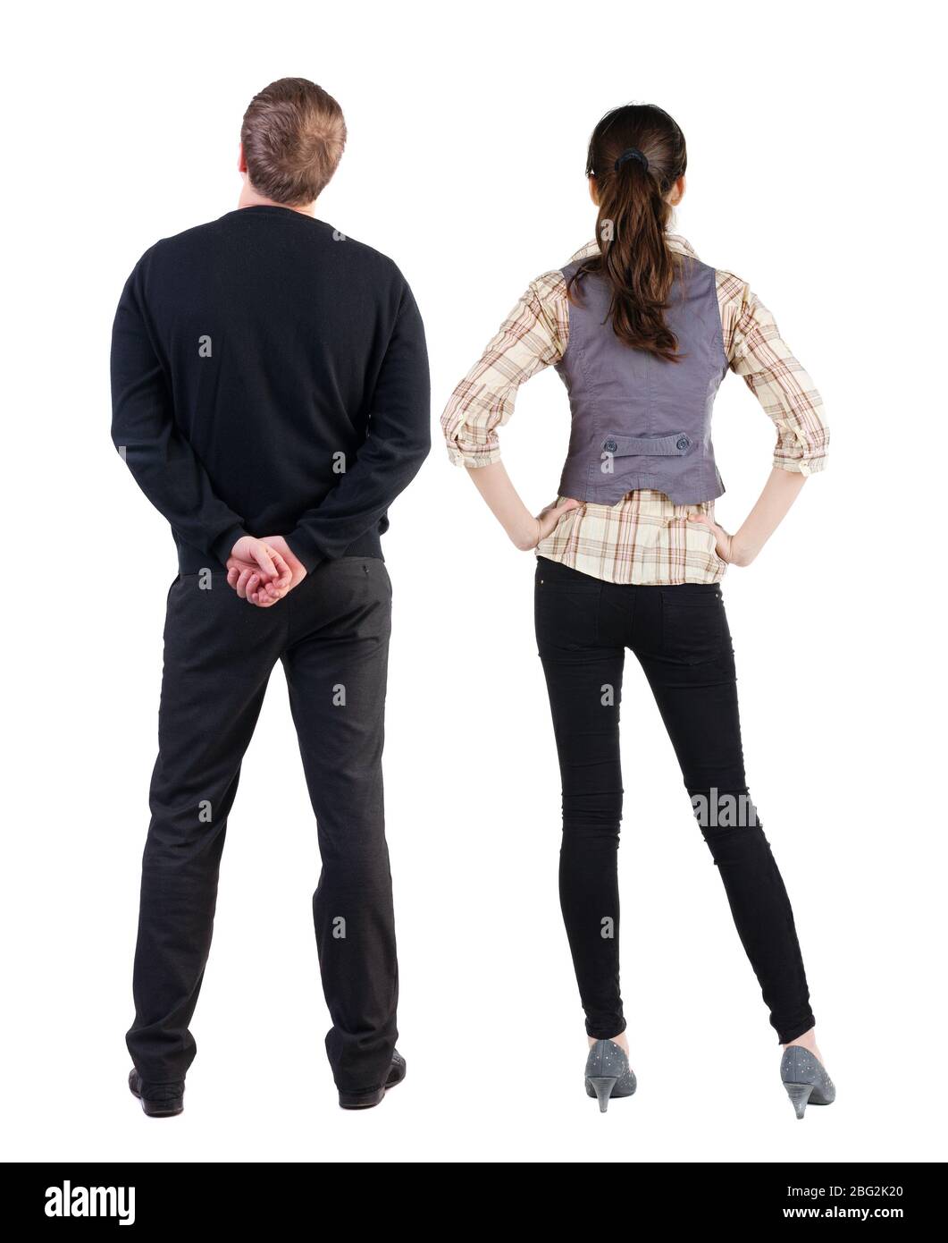 Back view couple in sweater. beautiful man and woman. Rear view people ...
