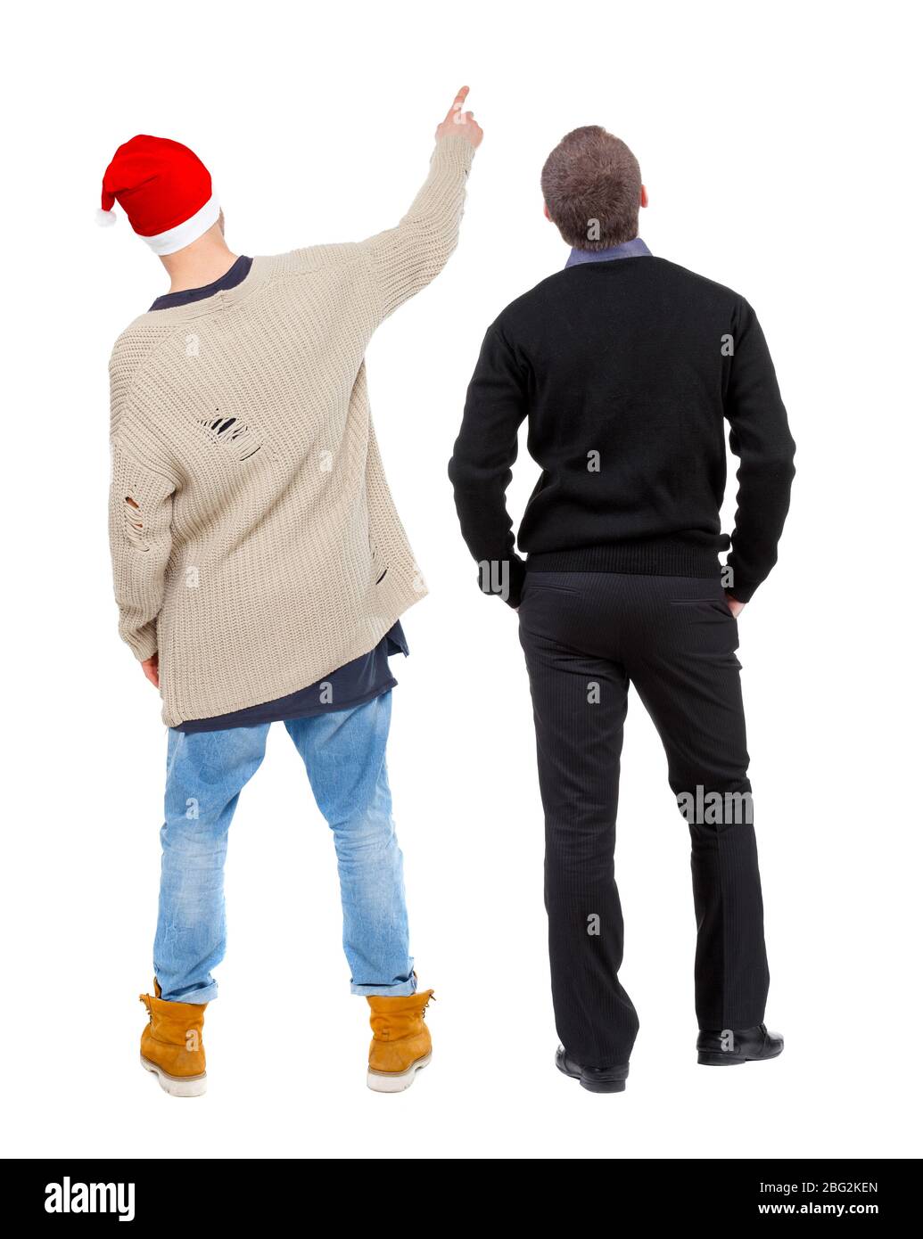Back view of two man in sweater pointing. Rear view people collection ...