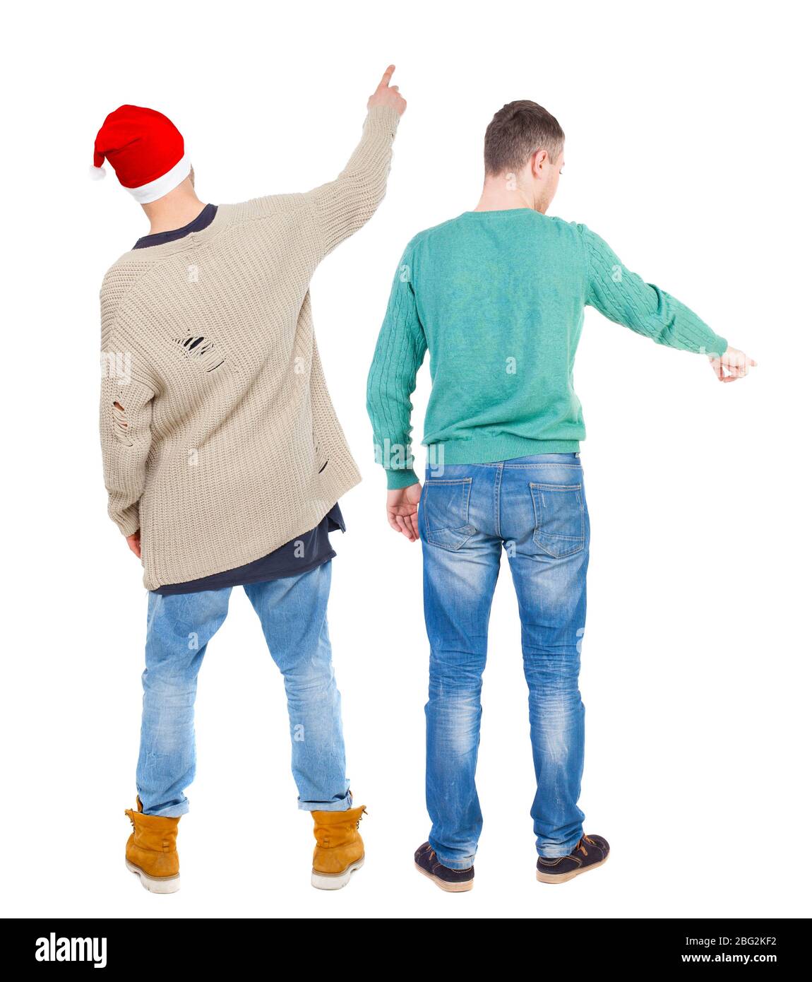 Back view of two man in sweater pointing. Rear view people collection ...