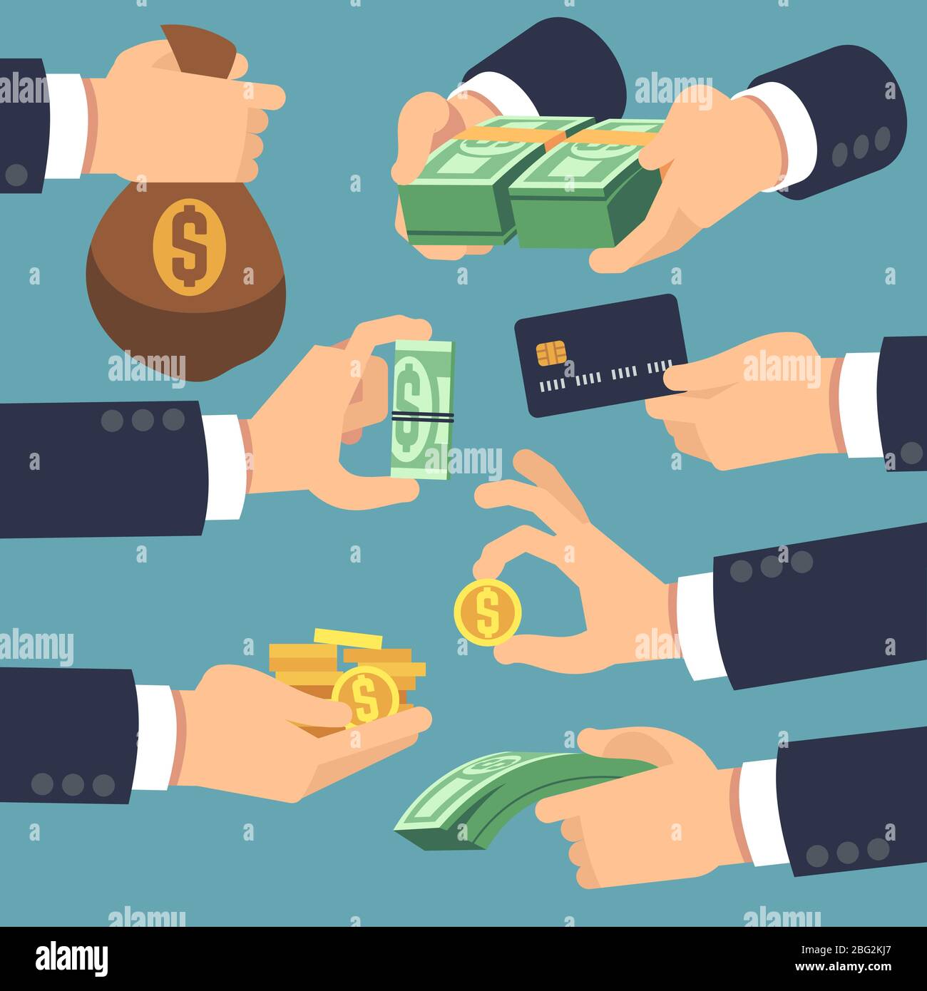 Businessman hand holding money. Flat icons for loan, paying and cash ...