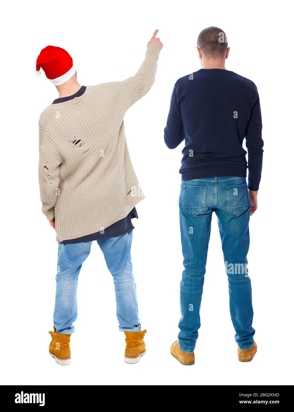 Back view of two man in sweater pointing. Rear view people collection ...