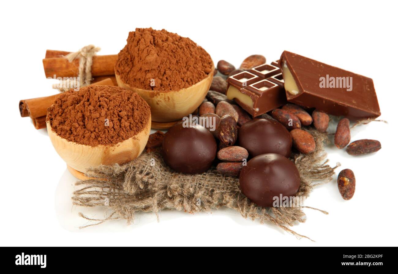 Composition of chocolate sweets and cocoa, isolated on white Stock ...