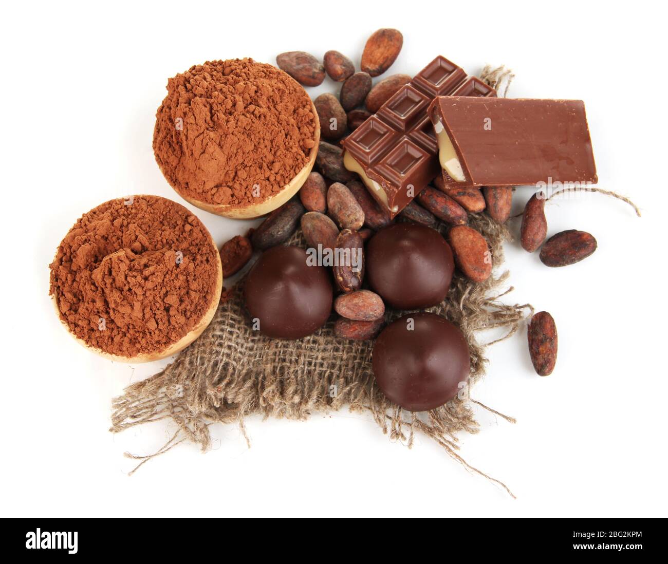Composition of chocolate sweets and cocoa, isolated on white Stock ...