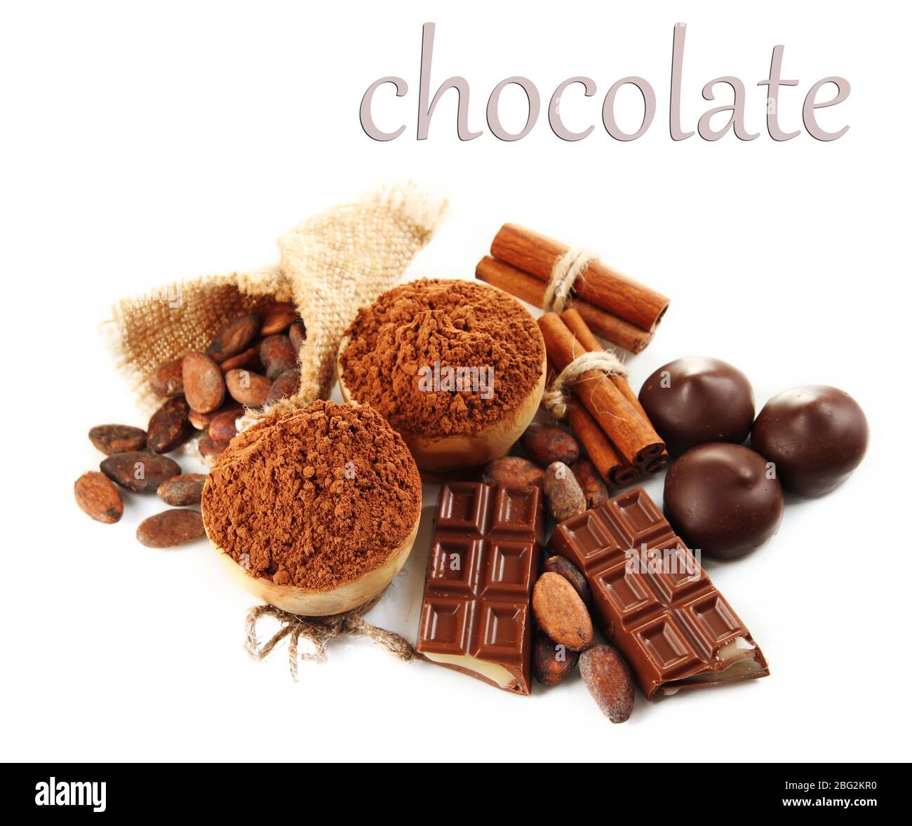 Composition of chocolate sweets, cocoa and spices, isolated on white ...