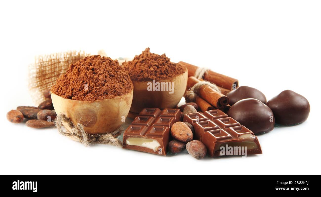 Composition of chocolate sweets, cocoa and spices, isolated on white ...