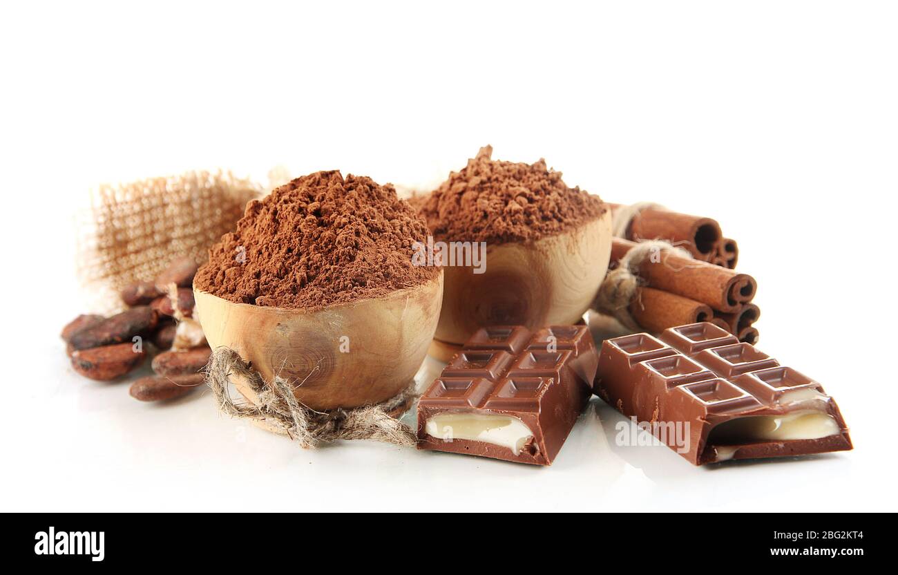 Composition of chocolate sweets, cocoa and spices, isolated on white ...