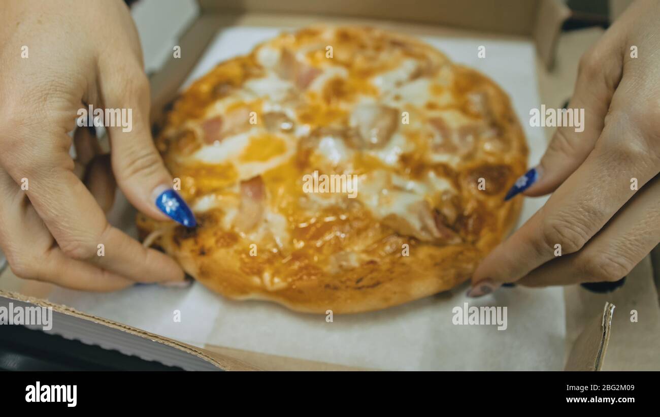 Girl eat pizza cheese four. Close up of young woman mouth greedily ...