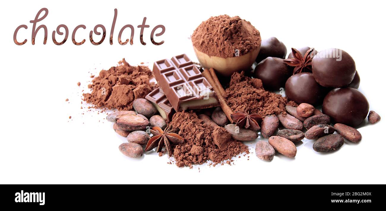 Composition of chocolate sweets, cocoa and spices, isolated on white ...