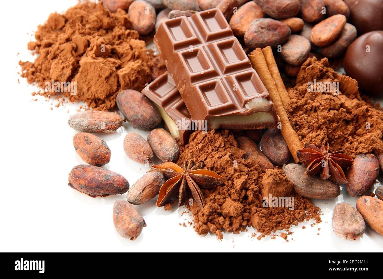 Composition of chocolate sweets, cocoa and spices, isolated on white ...
