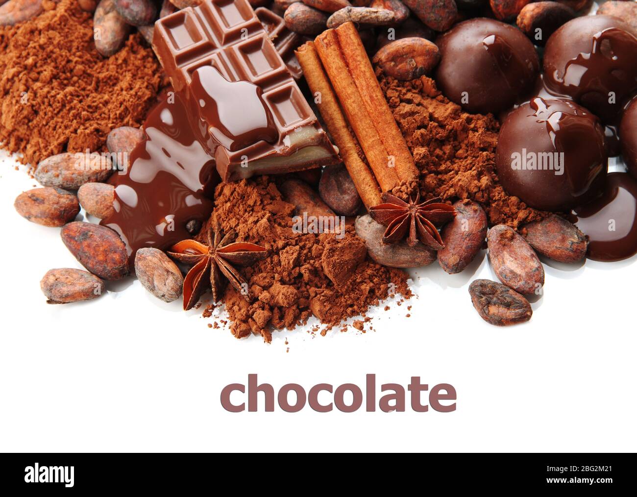 Composition of chocolate sweets, cocoa and spices, isolated on white ...