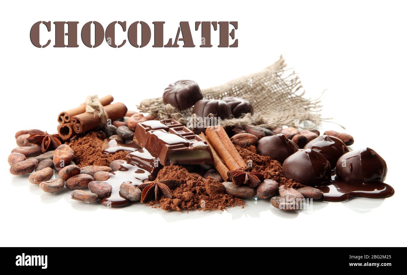 Composition of chocolate sweets, cocoa and spices, isolated on white ...
