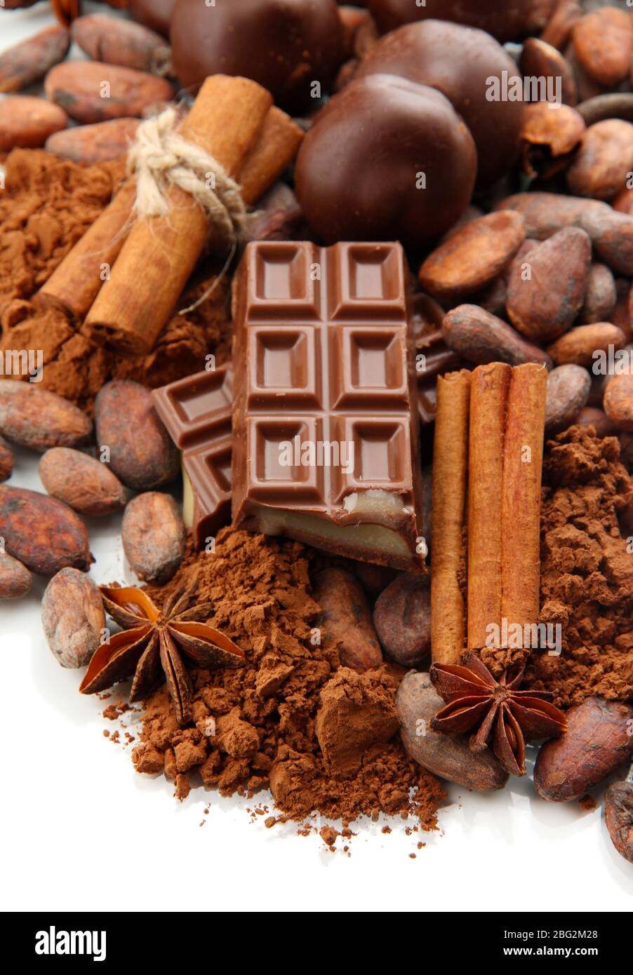 Composition of chocolate sweets, cocoa and spices, isolated on white ...