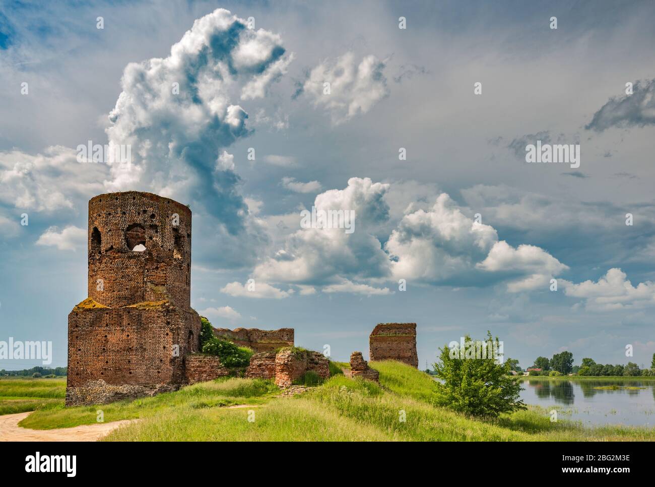 Ruins of medieval castle, 14th century, over Warta river wetland, near ...