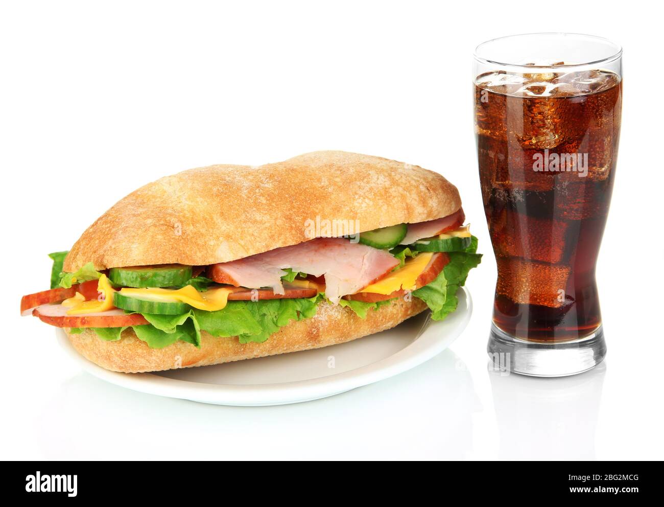 Tasty ham sandwich and glass of cola with ice isolated on white Stock ...