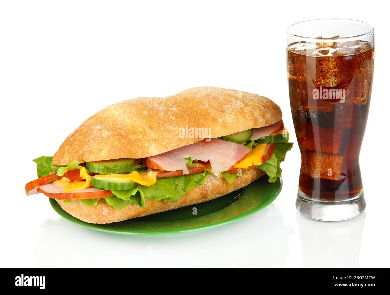 Tasty ham sandwich and glass of cola with ice isolated on white Stock ...