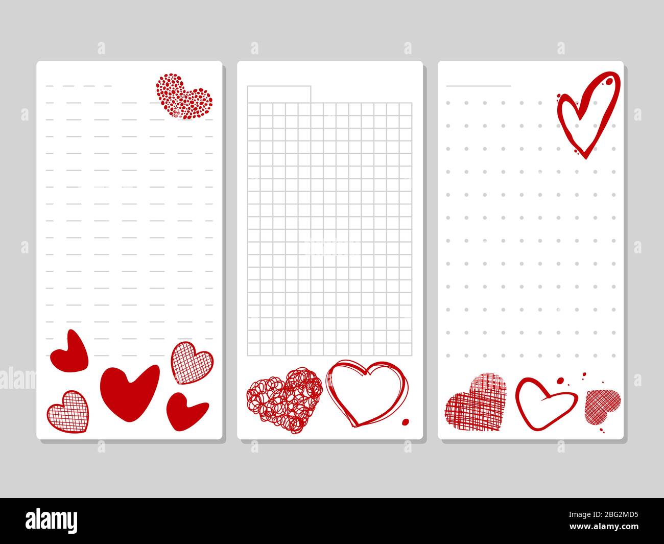 Blocks for notes and lists with hand drawn hearts. List and note on ...