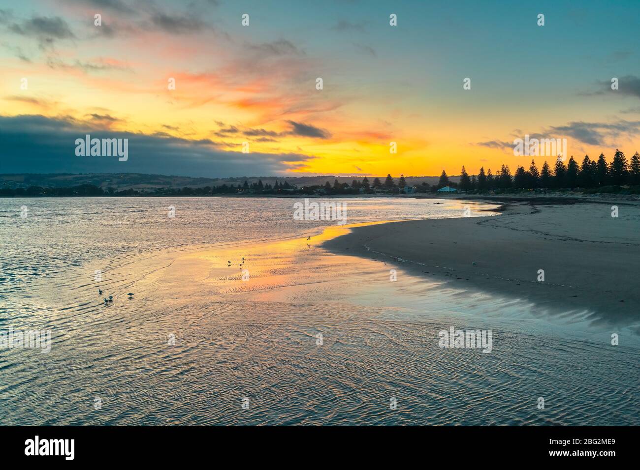 Sunset over Victor Harbor beach viewed from jetty, Encounter Bay, South ...