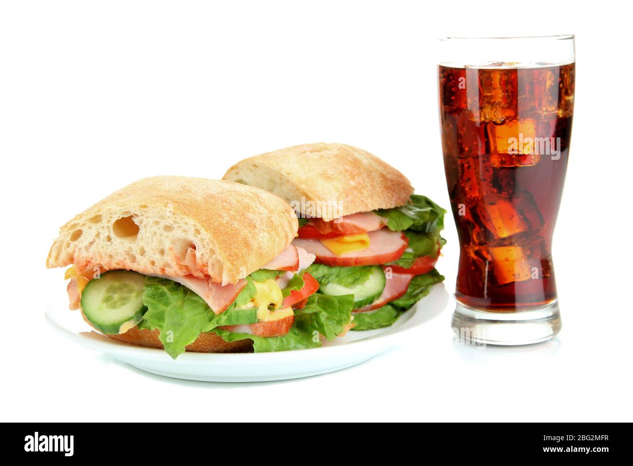 Tasty ham sandwich and glass of cola with ice isolated on white Stock ...