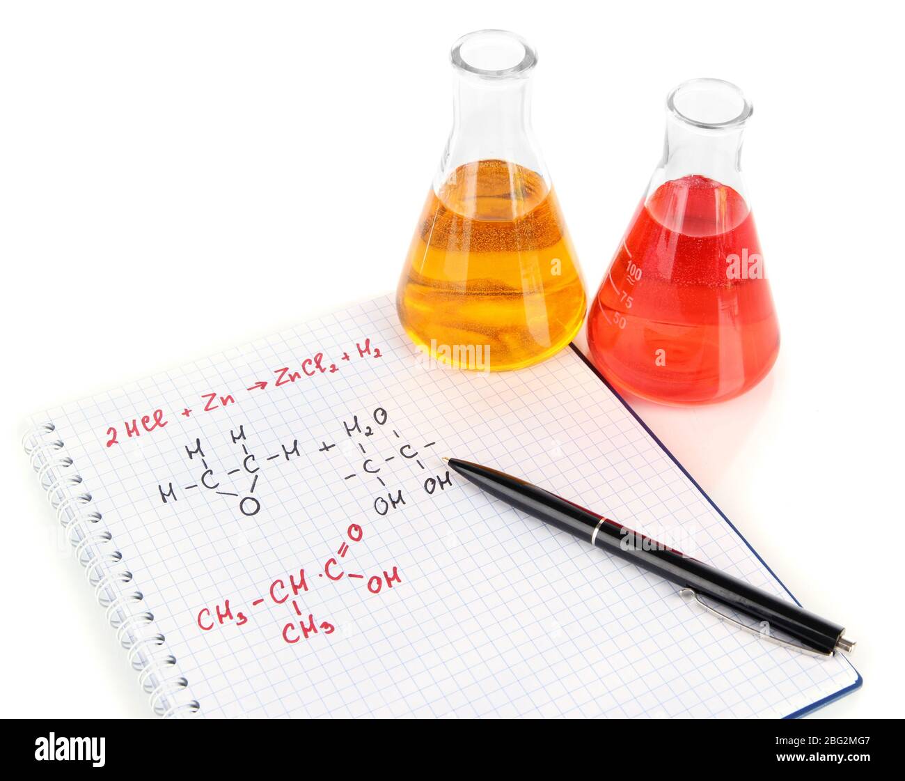 Test tubes with colorful liquids and formulas isolated on white Stock ...