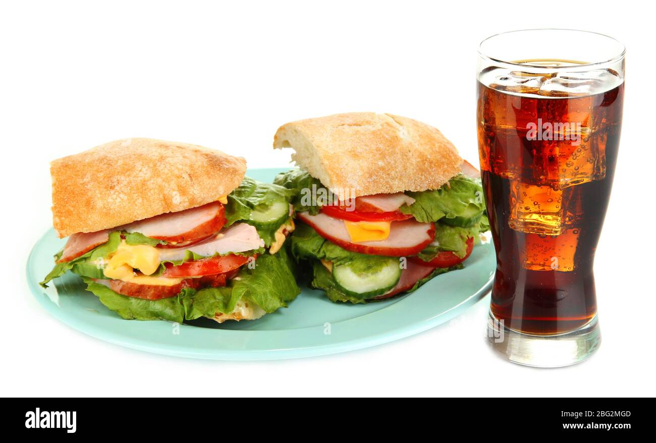 Tasty ham sandwich and glass of cola with ice isolated on white Stock ...
