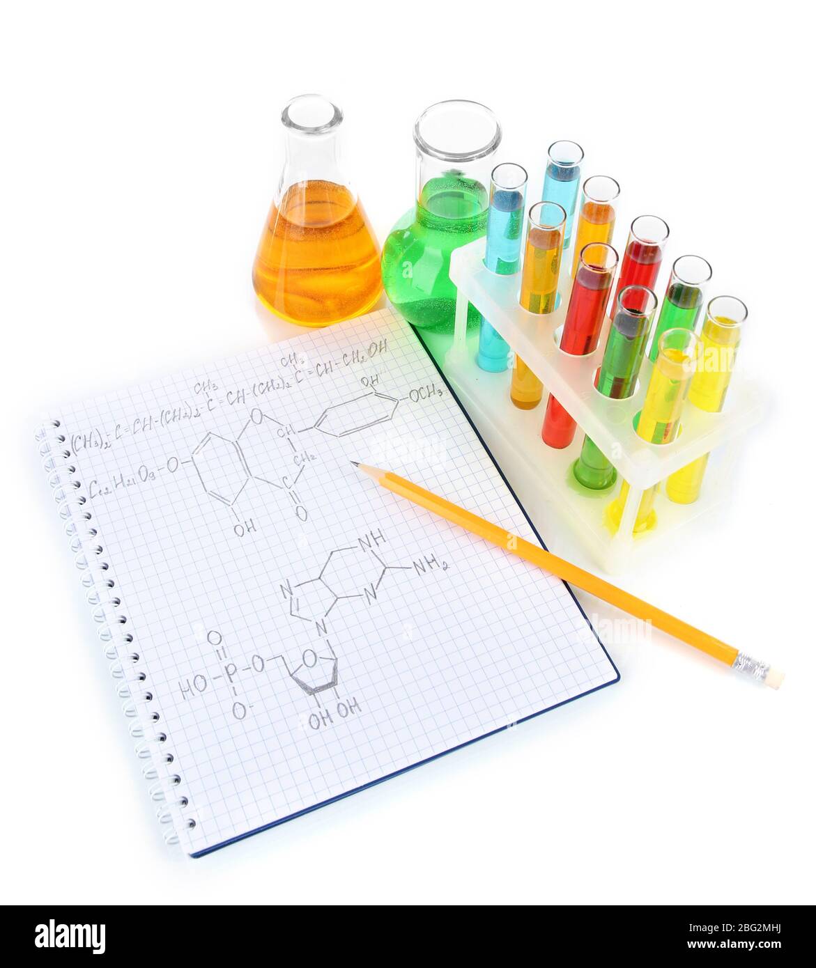Test tubes with colorful liquids and formulas isolated on white Stock ...