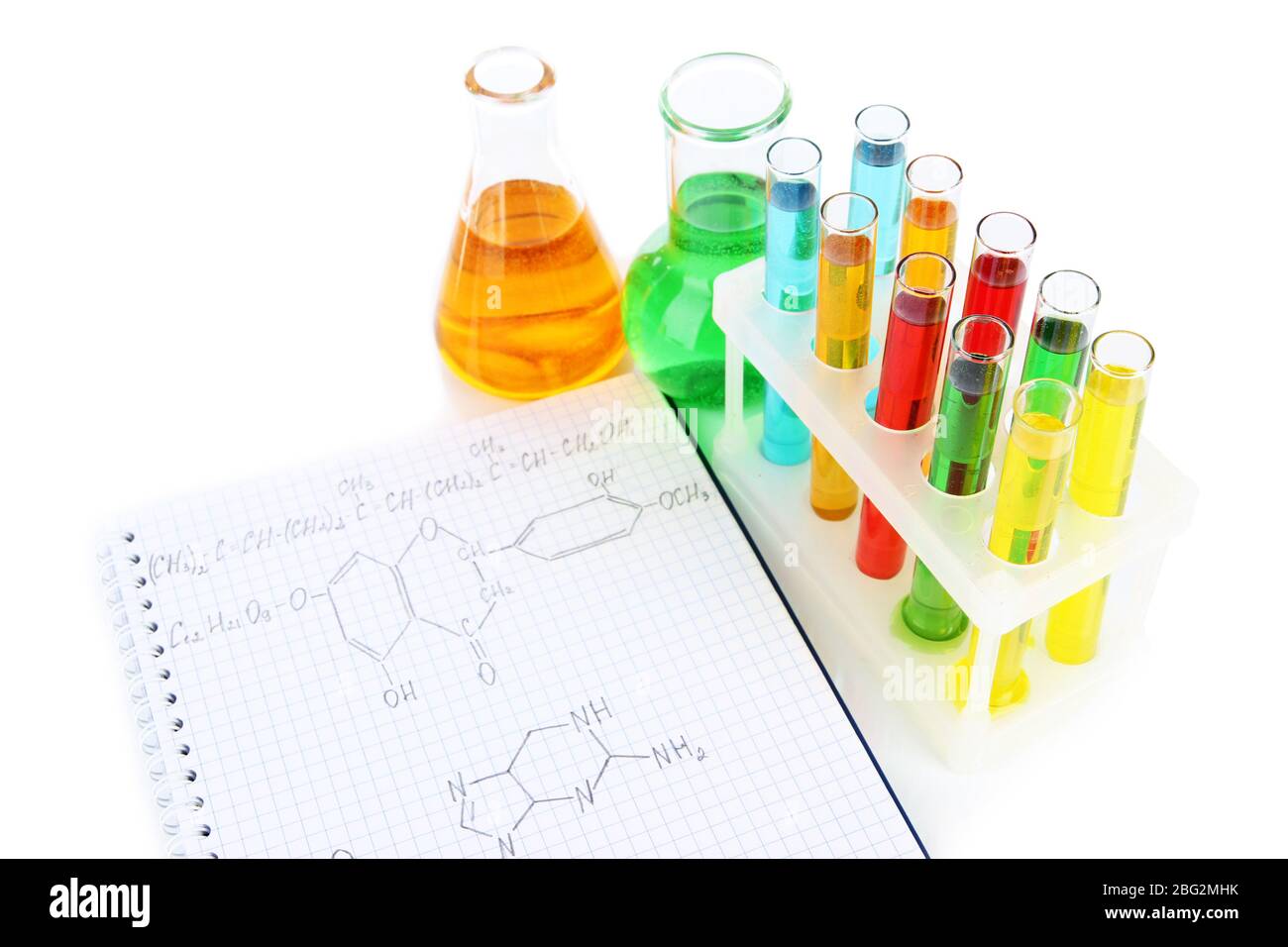 Test tubes with colorful liquids and formulas isolated on white Stock ...