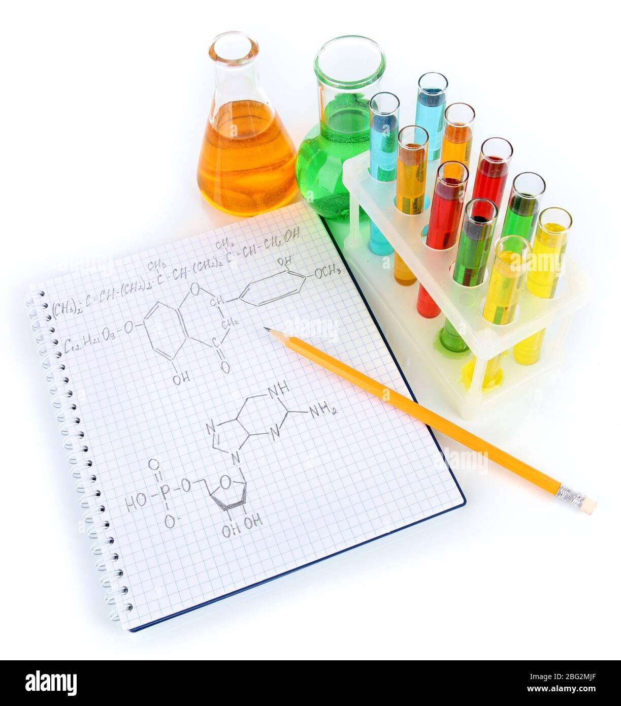 Test tubes with colorful liquids and formulas isolated on white Stock ...