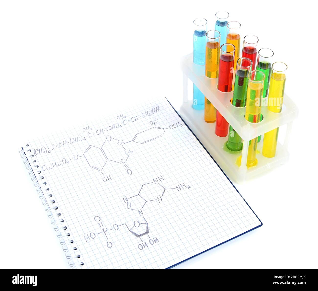 Test tubes with colorful liquids and formulas isolated on white Stock ...