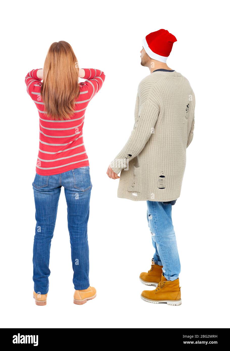 Back view couple in sweater. beautiful man and woman. Rear view people ...