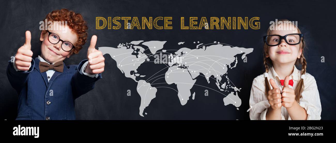 Smart children and distance education concept on blackboard background ...