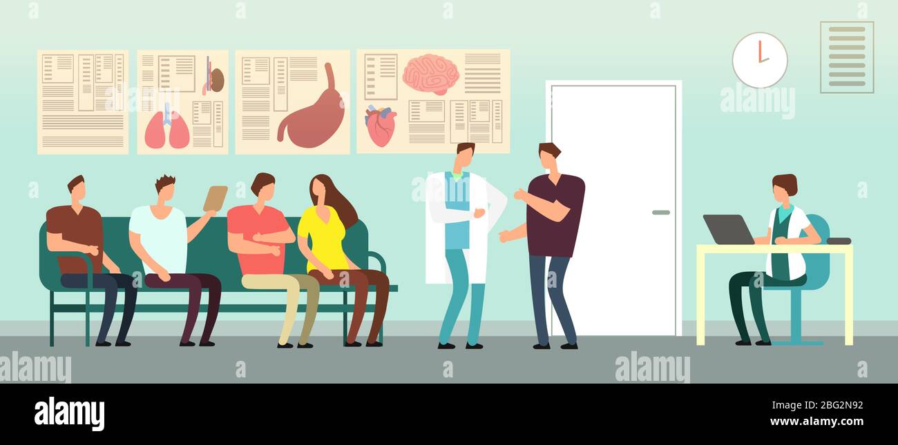 Patients and doctor in hospital waiting room. Disabled people at ...