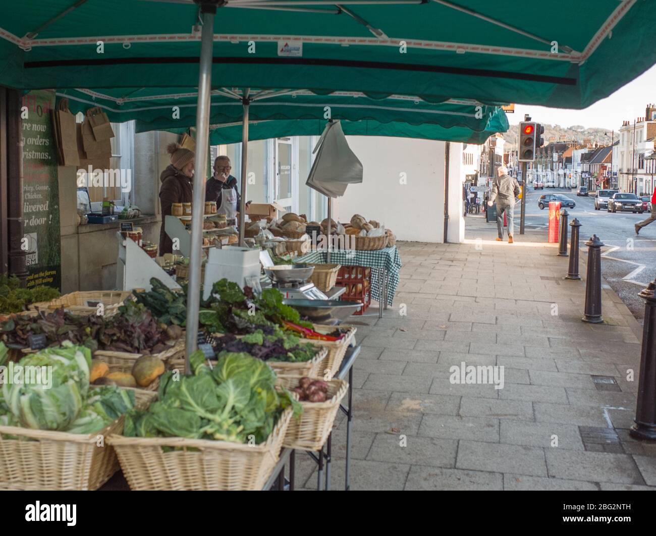 Weekend farmers market on Dorking High Street, Surrey UK Stock Photo ...