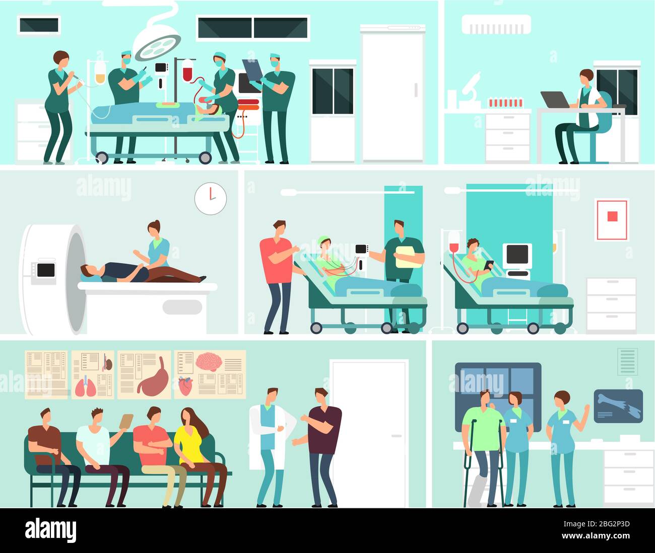 Hospital interiors with patients, doctors, nurse and medical equipment ...