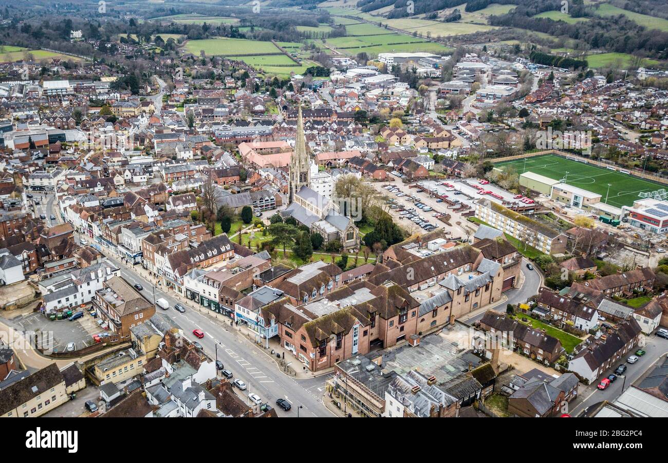 Aerial view of Dorking, a historic market town in the Surrey Hill, UK ...