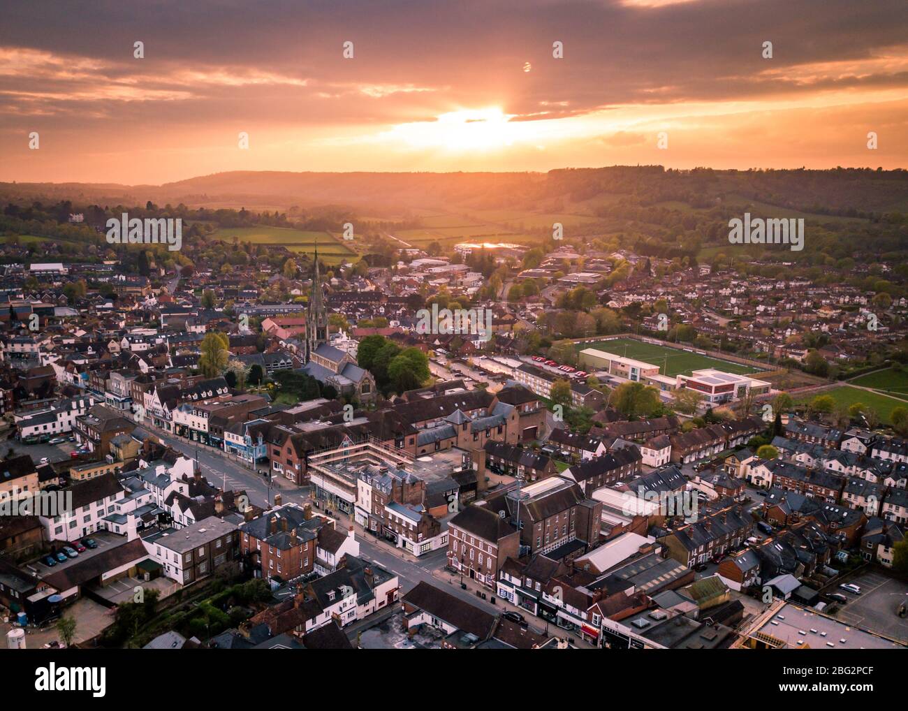 Aerial view of Dorking, a historic market town in the Surrey Hill, UK ...