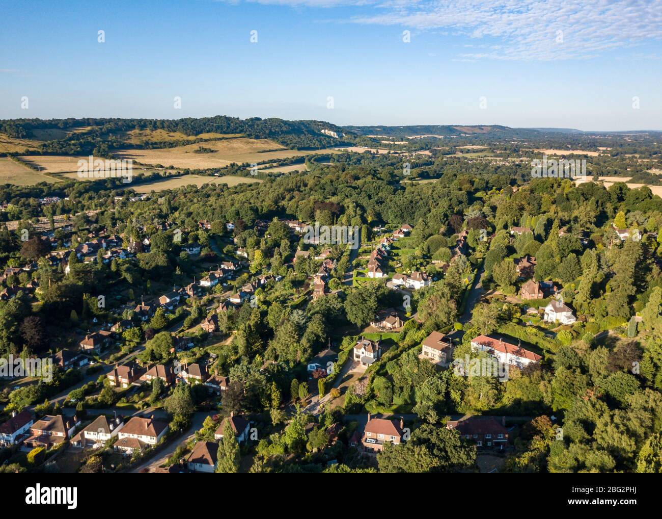 Aerial view of Dorking, a historic market town in the Surrey Hill, UK ...