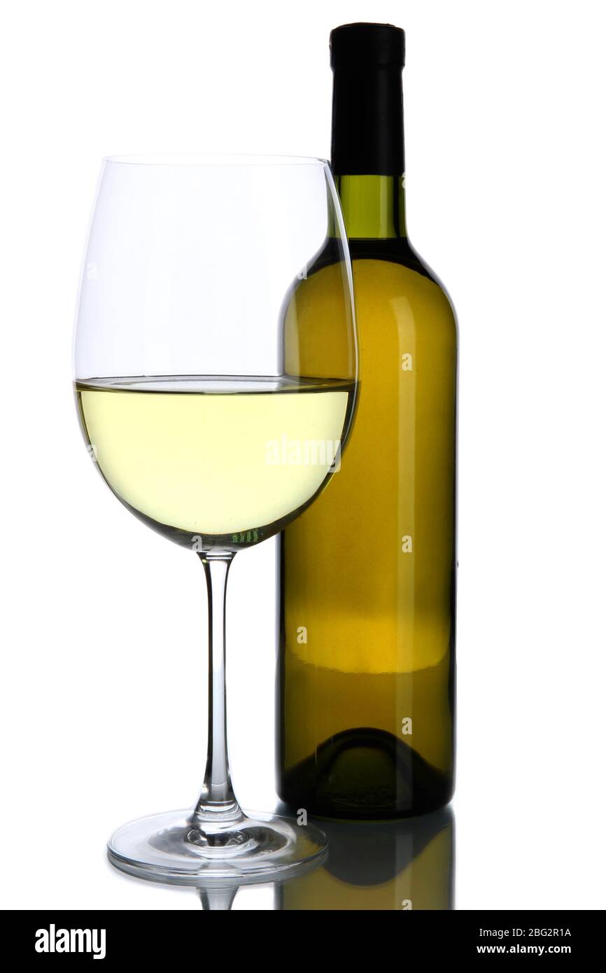 White wine glass and bottle of wine isolated on white Stock Photo - Alamy