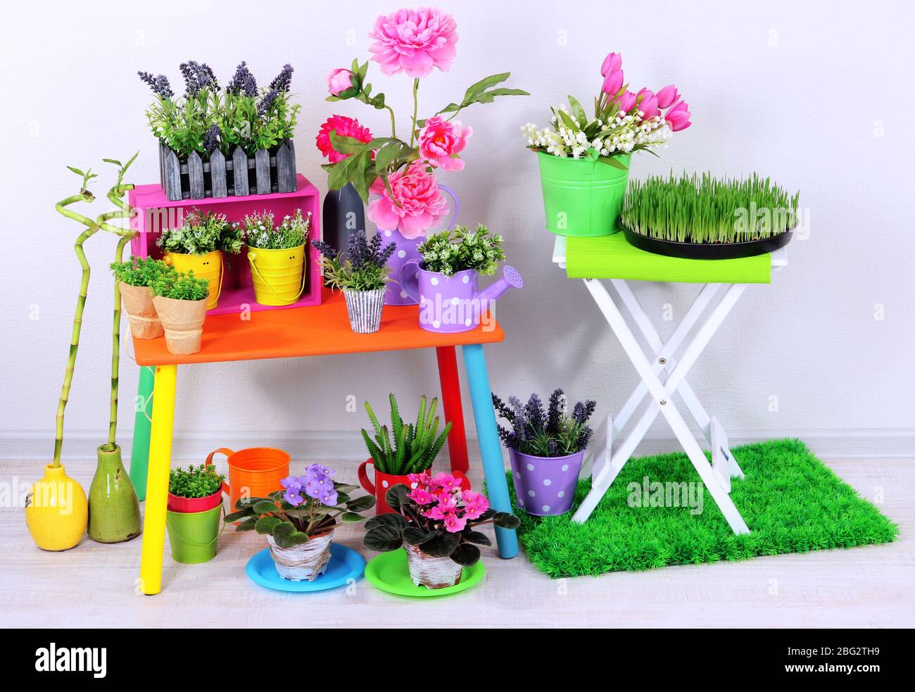 Beautiful colorful shelves with decorative elements standing in room ...