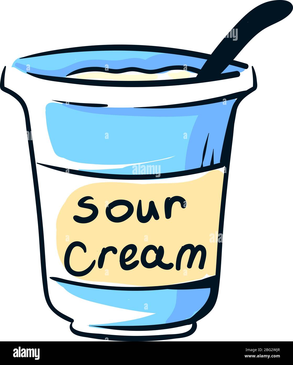 Sour cream in blue bowl, illustration, vector on white background Stock ...