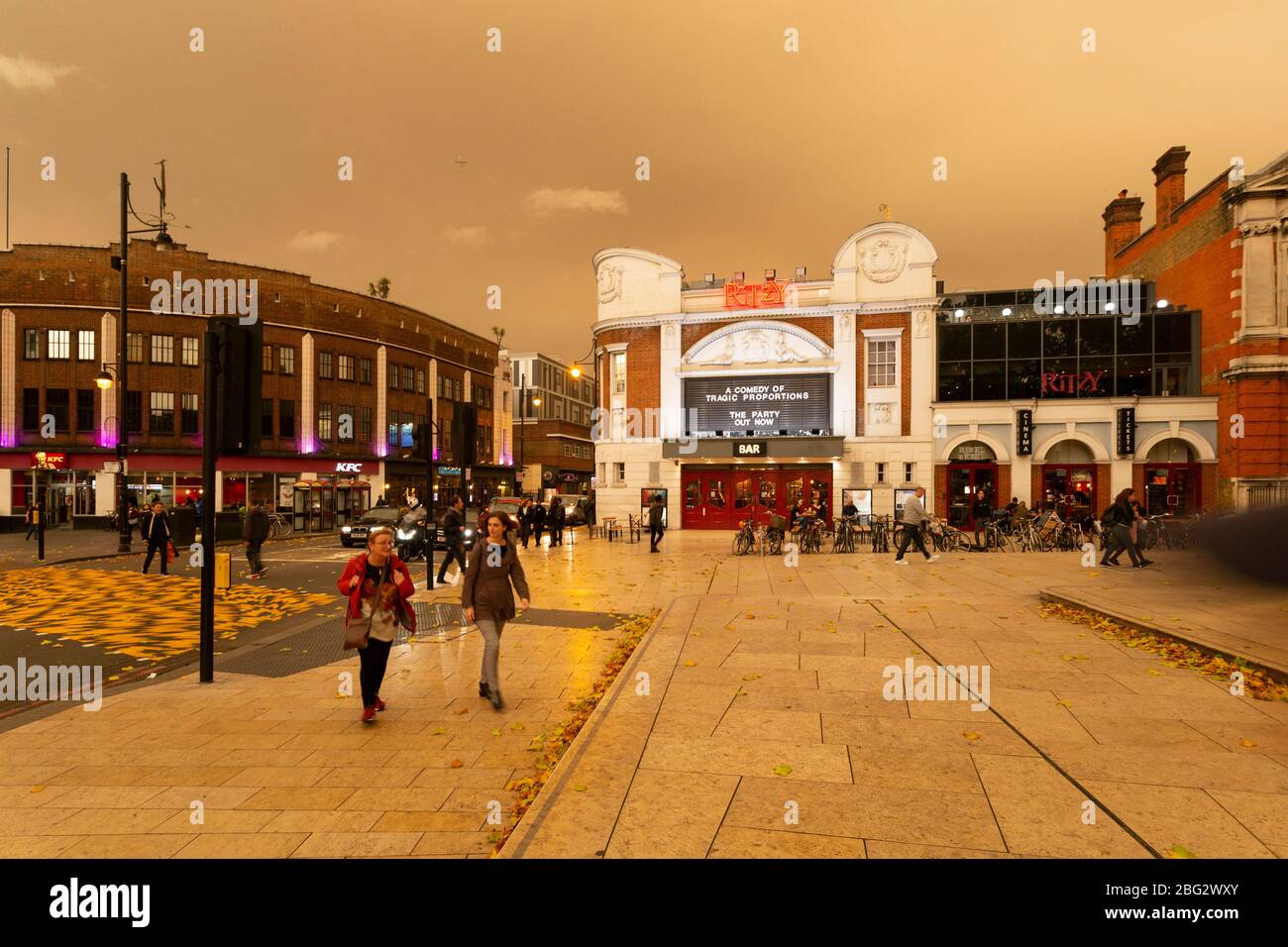 View of Windrush Square and the Ritzy cinema during Hurricane Ophelia ...