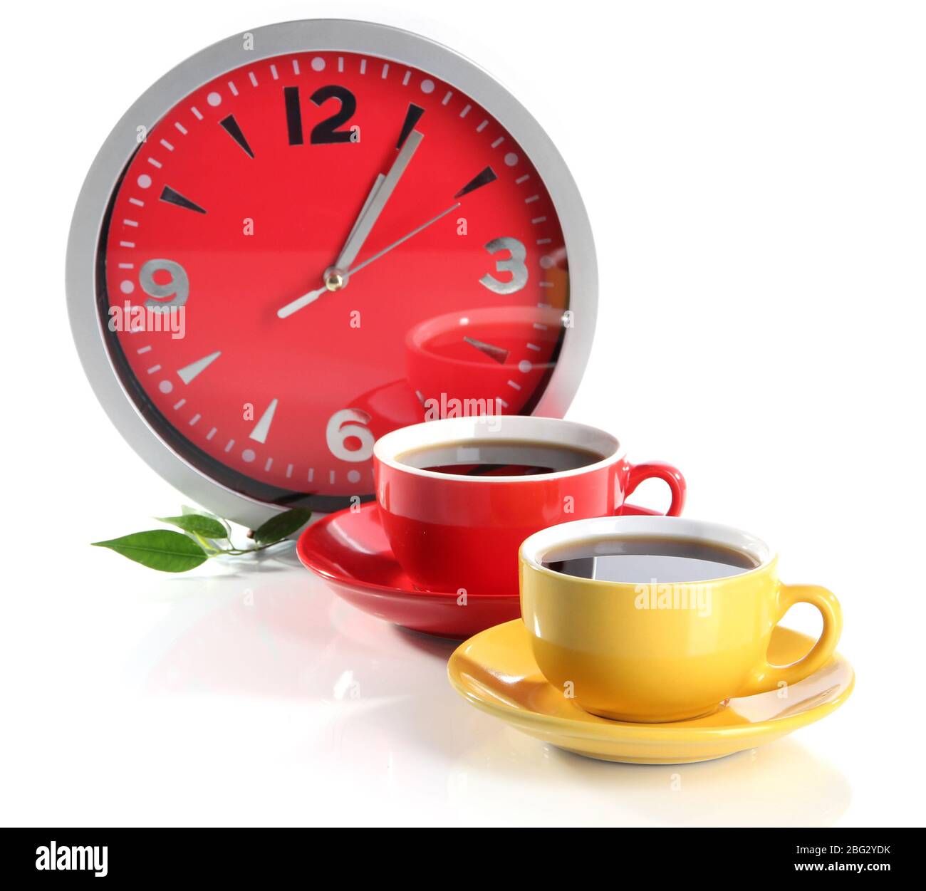Cups coffee and clock isolated on white Stock Photo - Alamy