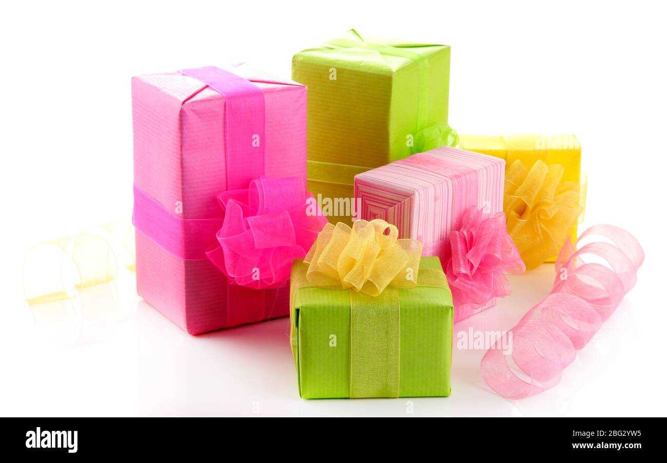 Bright gifts with bows isolated on white Stock Photo - Alamy