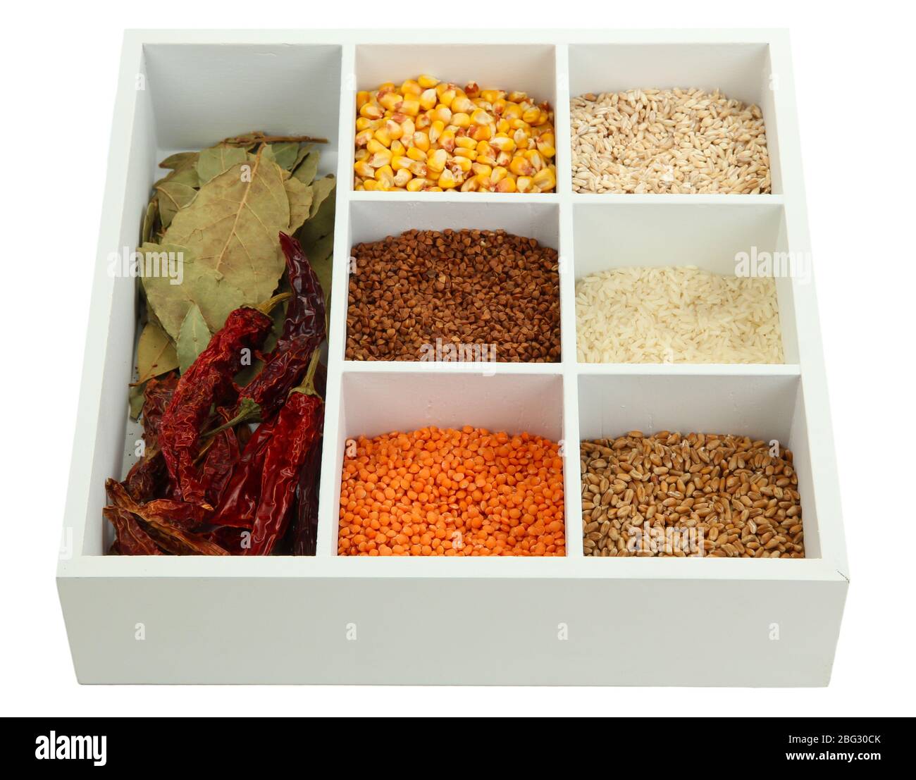 Assortment of cereals in white wooden box isolated on white Stock Photo ...