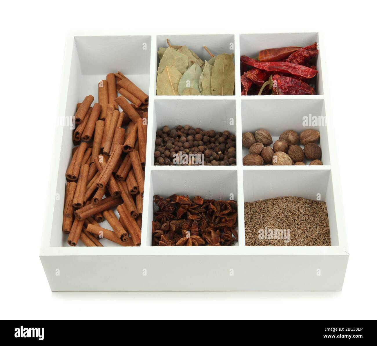 Assortment of aroma spices in white wooden box isolated on white Stock ...
