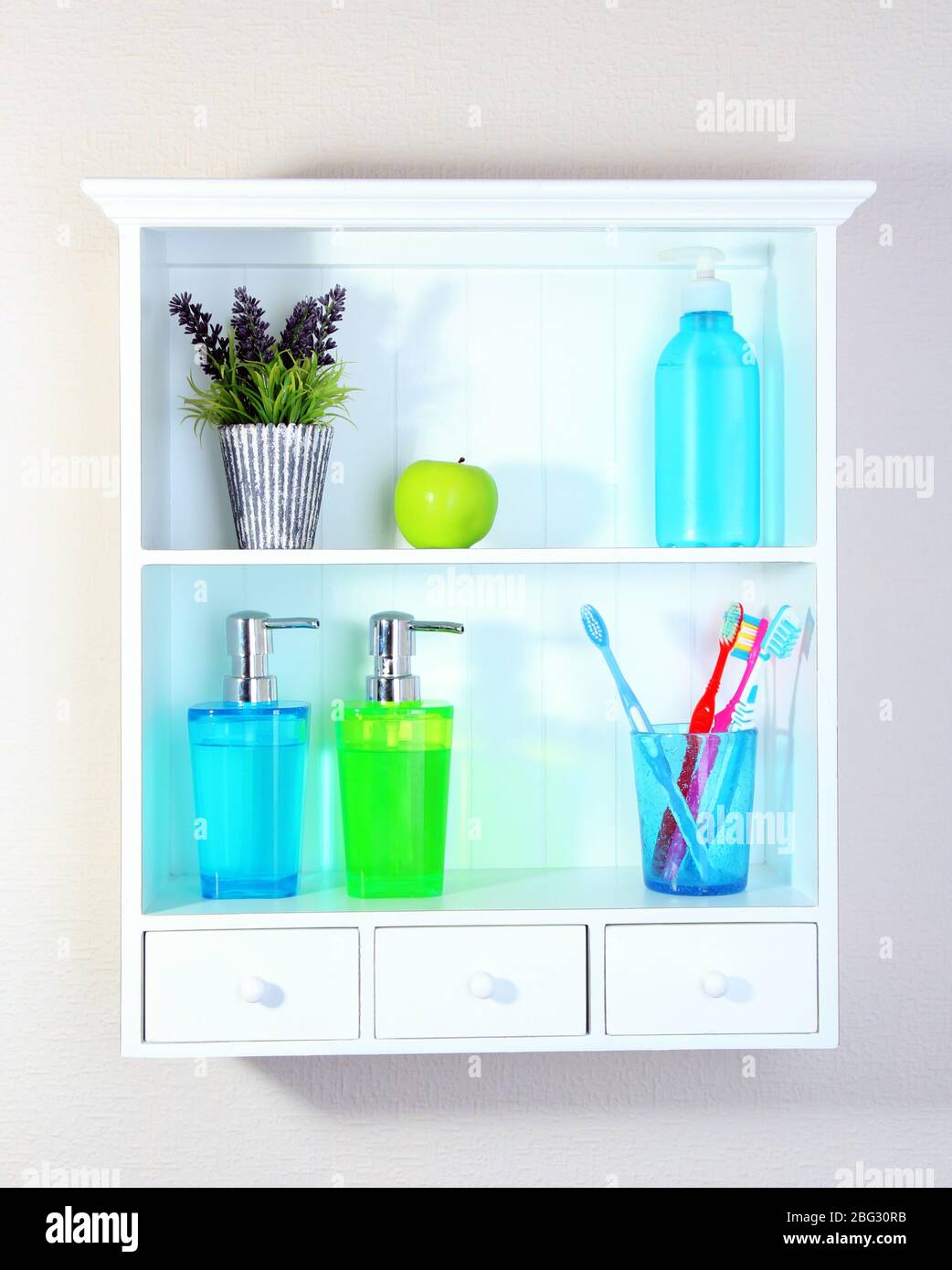 Beautiful white shelves with different home related objects Stock Photo ...
