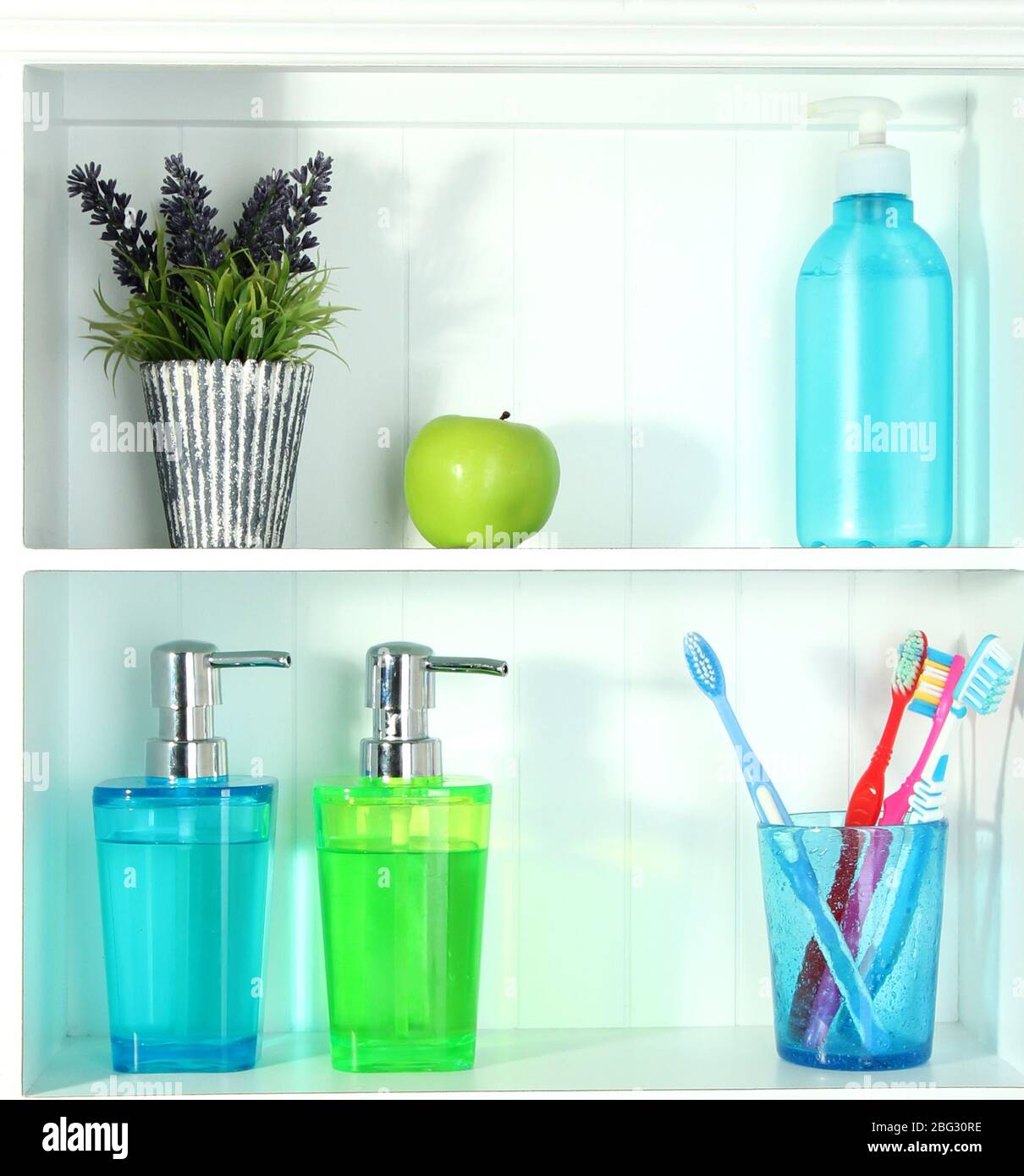 Beautiful white shelves with different home related objects Stock Photo ...
