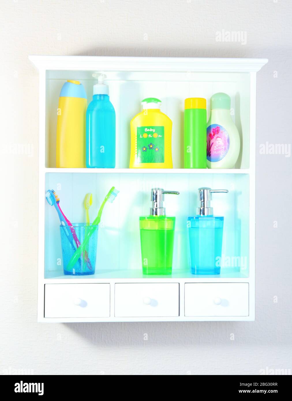 Beautiful white shelves with different bathroom objects Stock Photo - Alamy