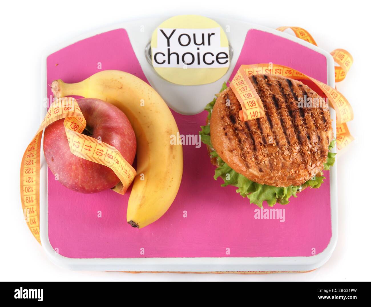 Burgers and fruit on the scale isolated on white Stock Photo - Alamy